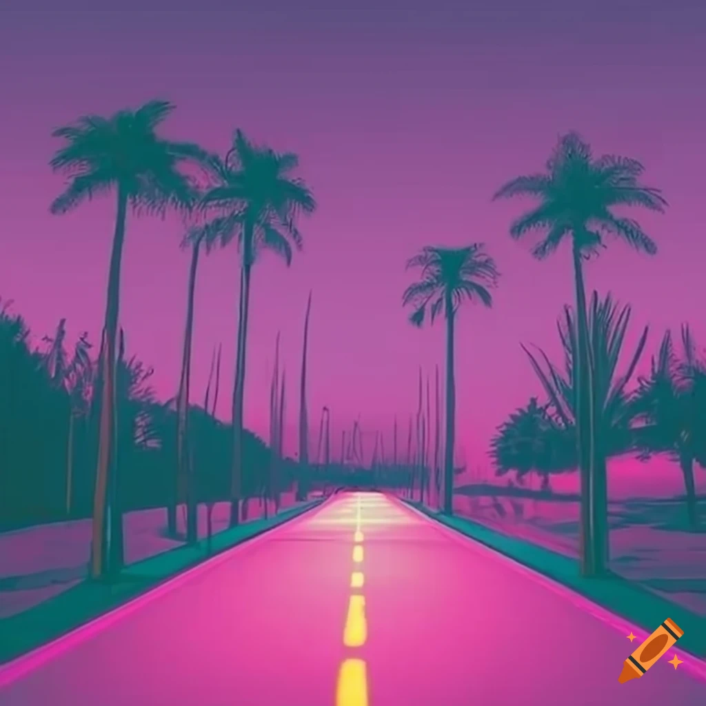 Vaporwave pink road with palm trees on Craiyon