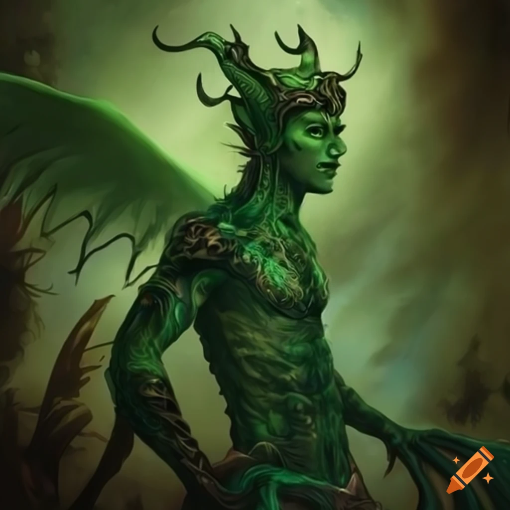Male fey devil with green tattoos and wings in a fantasy illustration ...