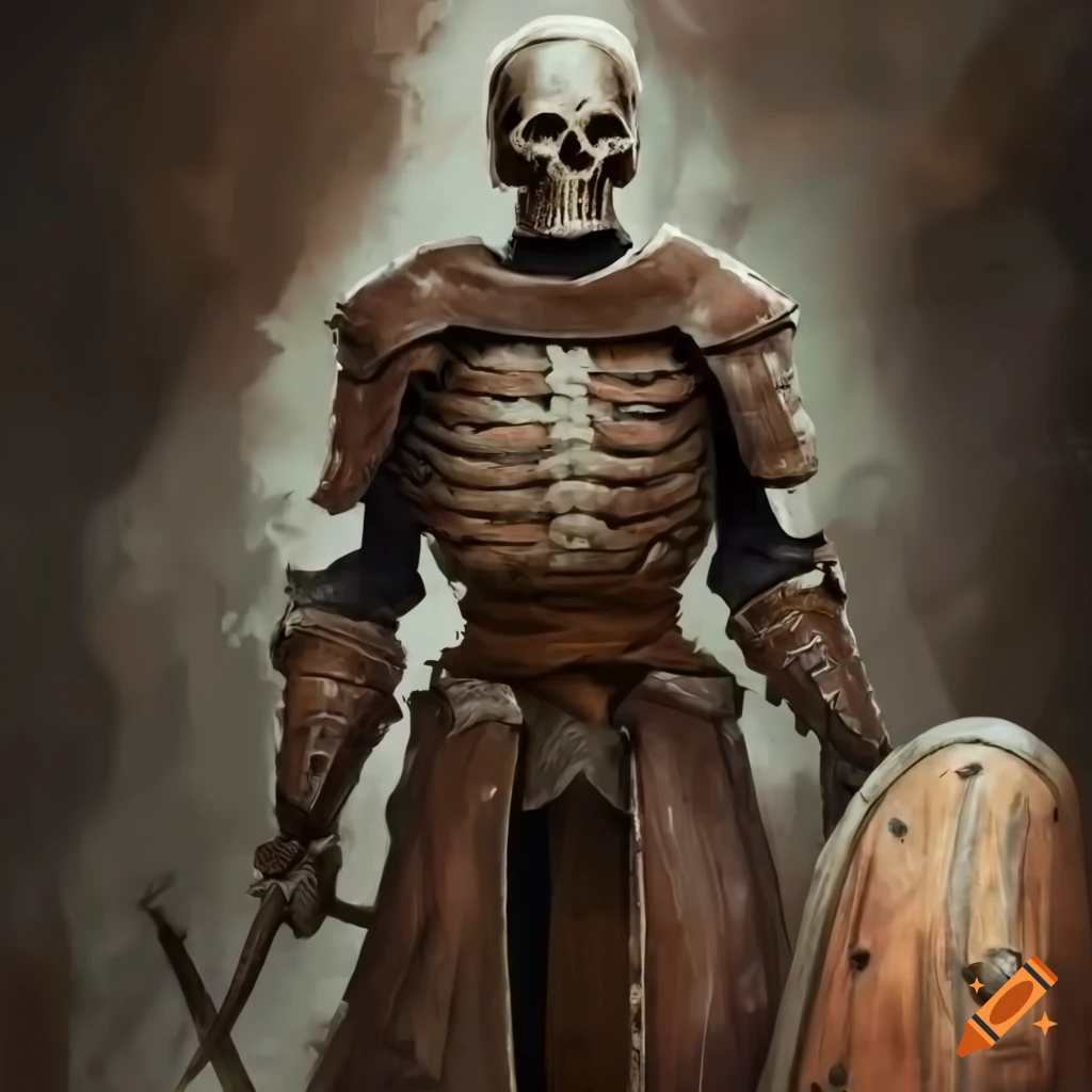 Skeleton in worn leather armor with helmet, sword, and shield in a ...