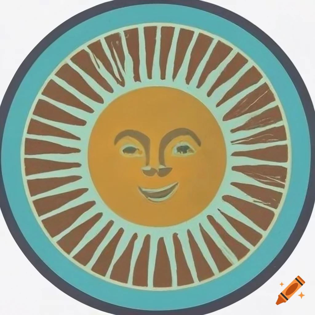 Vintage expressive smiling sun with rays in a circle, pastel oil ...