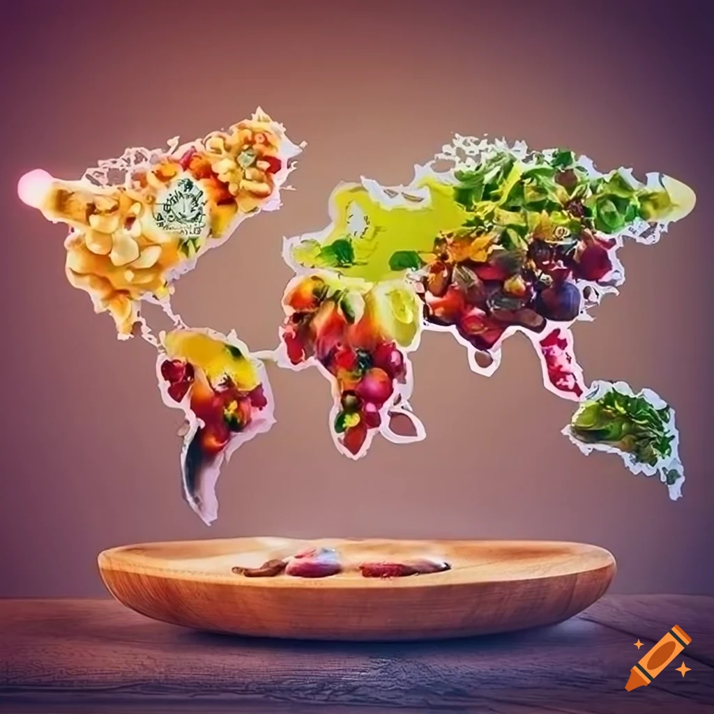 Colorful world map made of fresh fruits and herbs on a wooden plate on ...