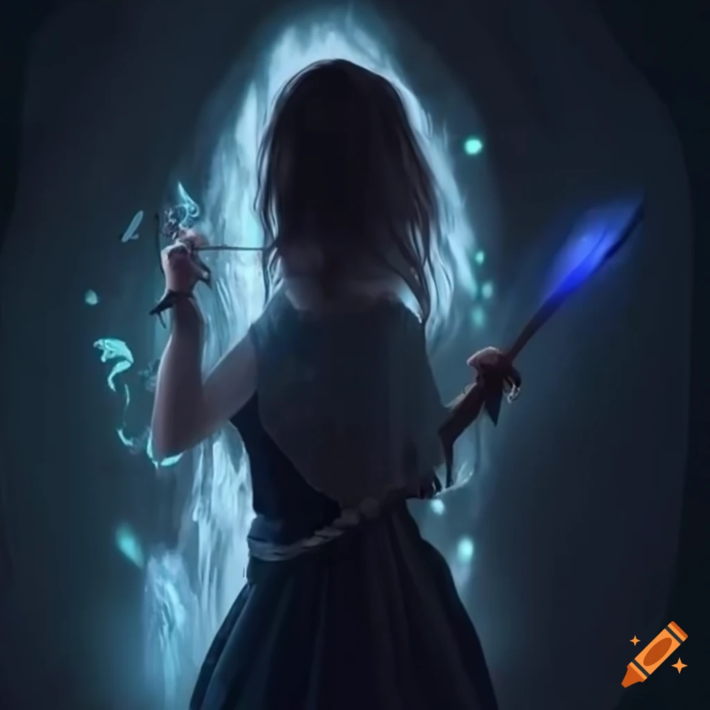 Girl pulling a sword from a stone with cascading lightning on Craiyon