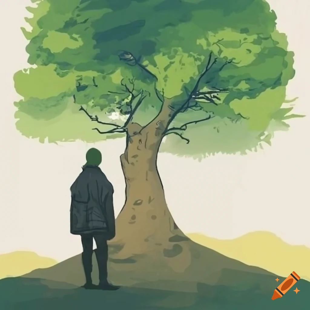 Drawing of a man standing under a tree looking at his peak on Craiyon
