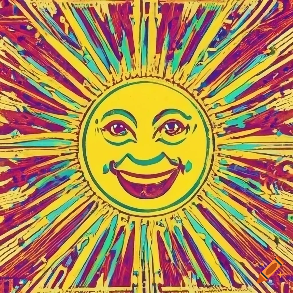 Vintage art deco smiling sun with colorful rays in a pop art engraving ...