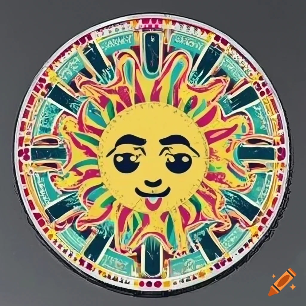 Colorful vintage sun sticker with a smiling face and rays on Craiyon