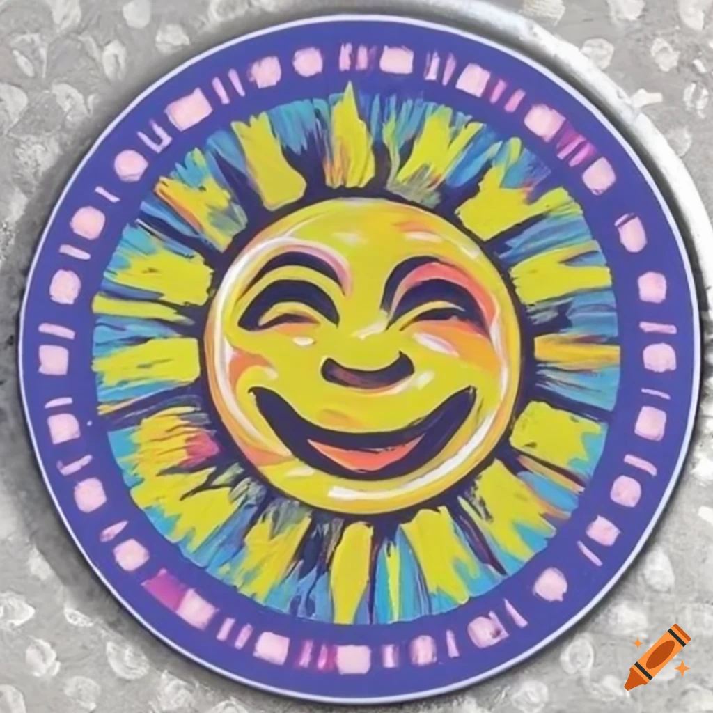 Expressive smiling sun with rays in a circle sticker, pastel oil ...