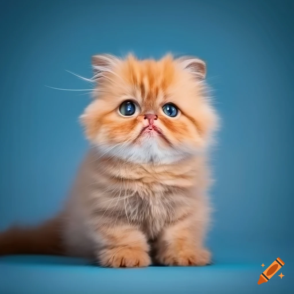 Fluffy orange persian baby kitten on a blue background on Craiyon