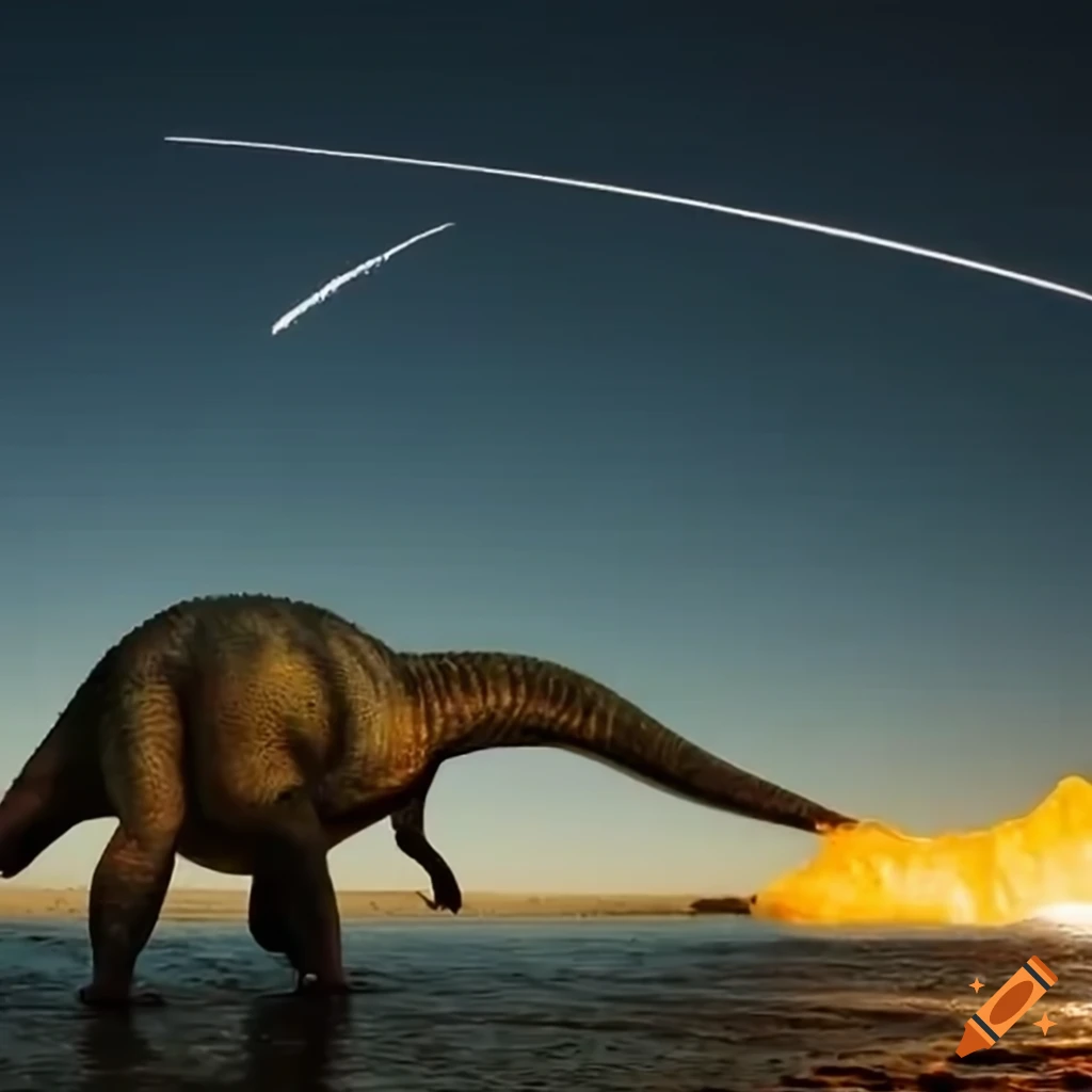 Dinosaur eating a cheeseburger on the beach watching a meteor hit the ...