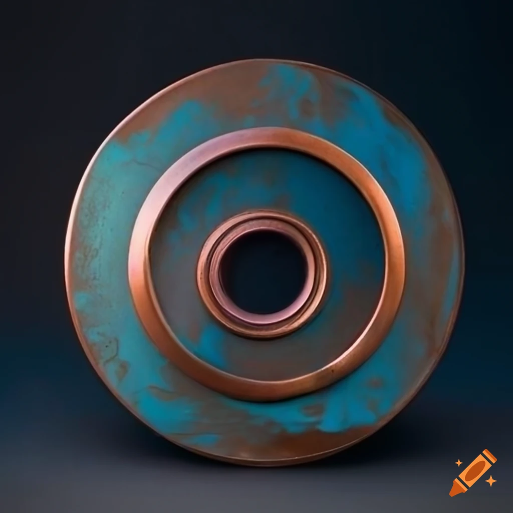 Oxidized blue copper circle with ornaments in hyper-realistic style on ...