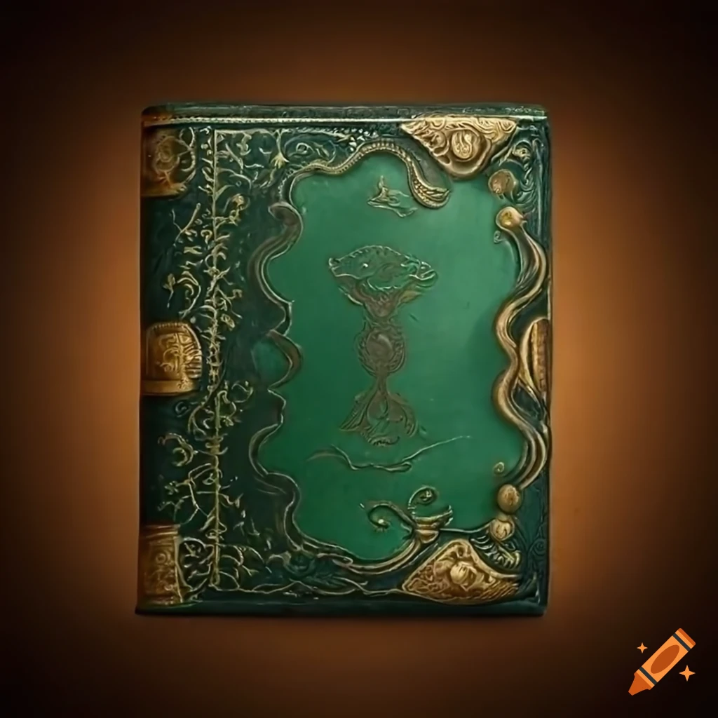 Highly decorated antique vintage green leather magical book on Craiyon