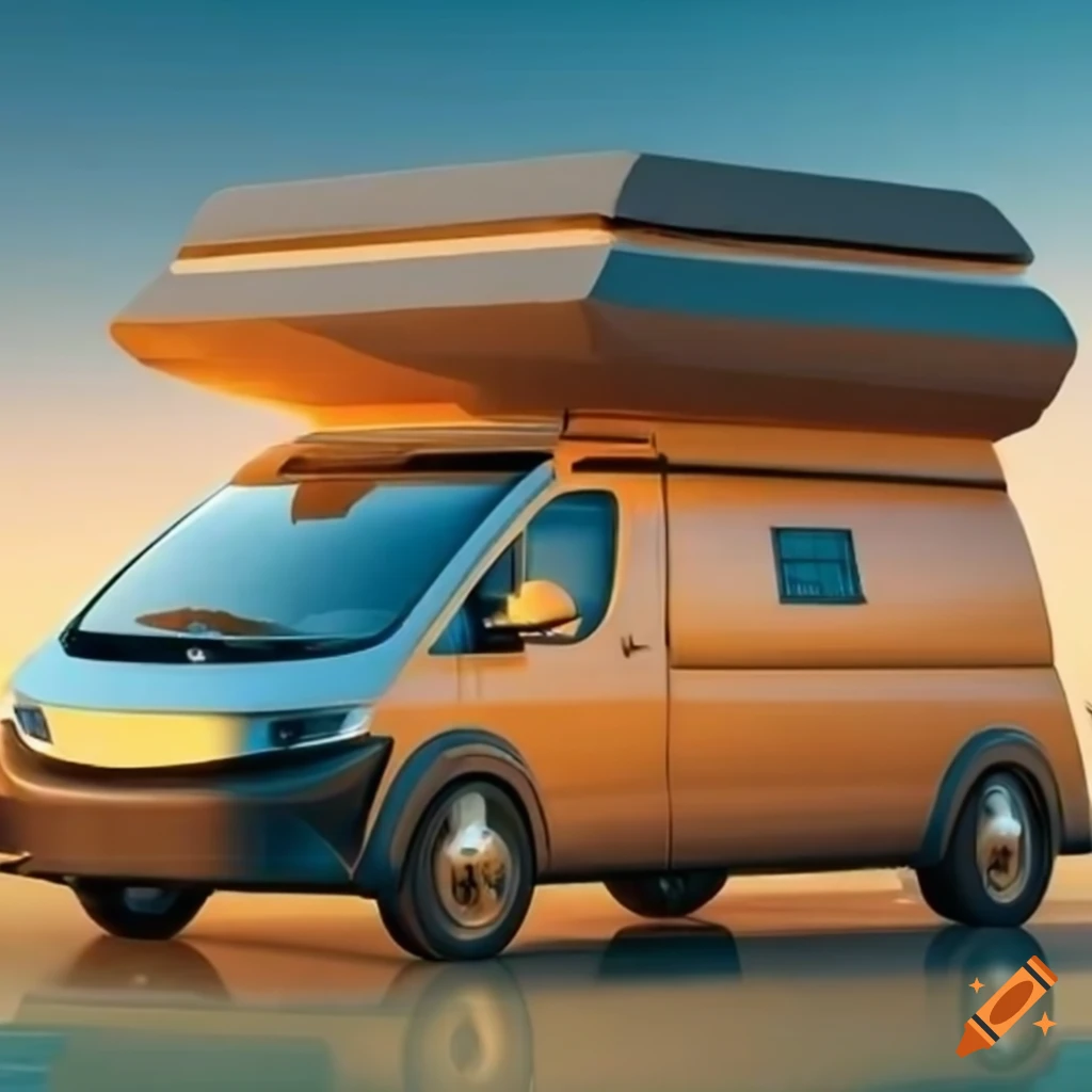 Flat design of future camper van with sunny reflection on Craiyon