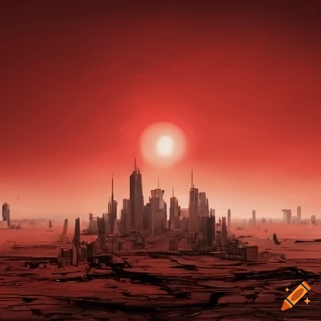 1440p red wallpaper of a futuristic city on a barren planet on Craiyon