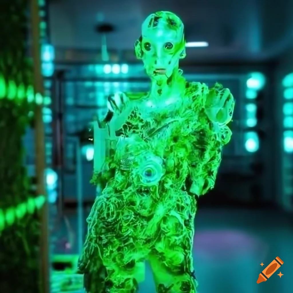 High-tech biopunk cyborg covered in glowing moss in futuristic ...