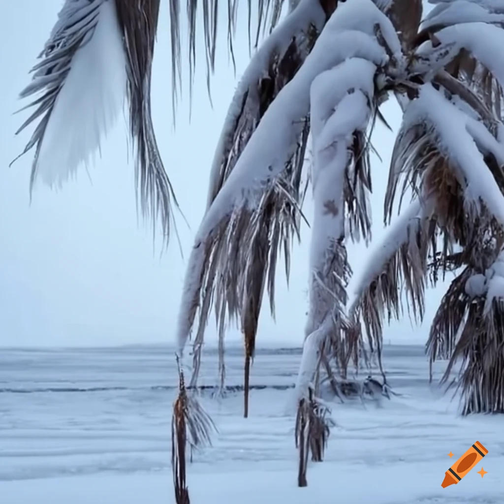 Coconut palms covered in snow on Craiyon
