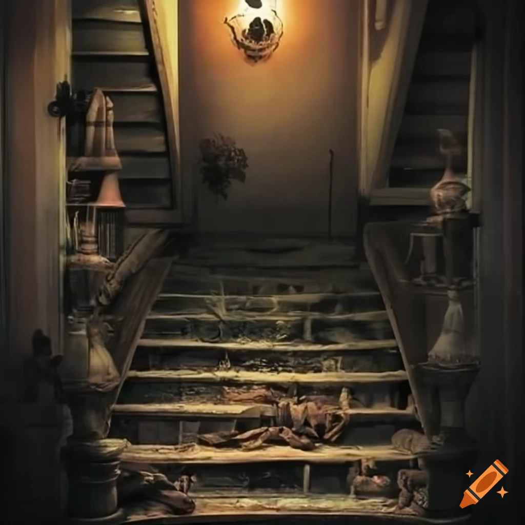 Creeping down the stairs in a spooky house on Craiyon