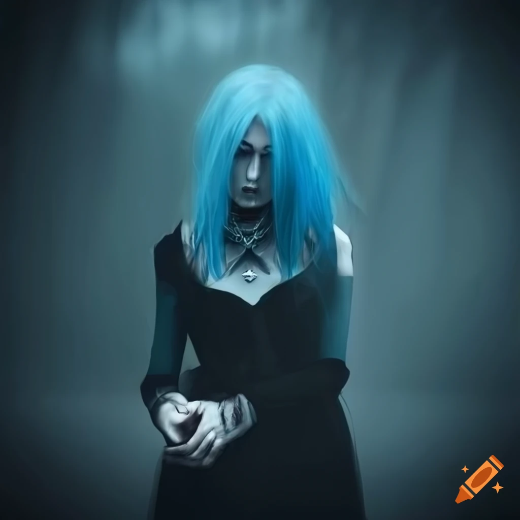 Blue-haired gothic person in a dark room on Craiyon
