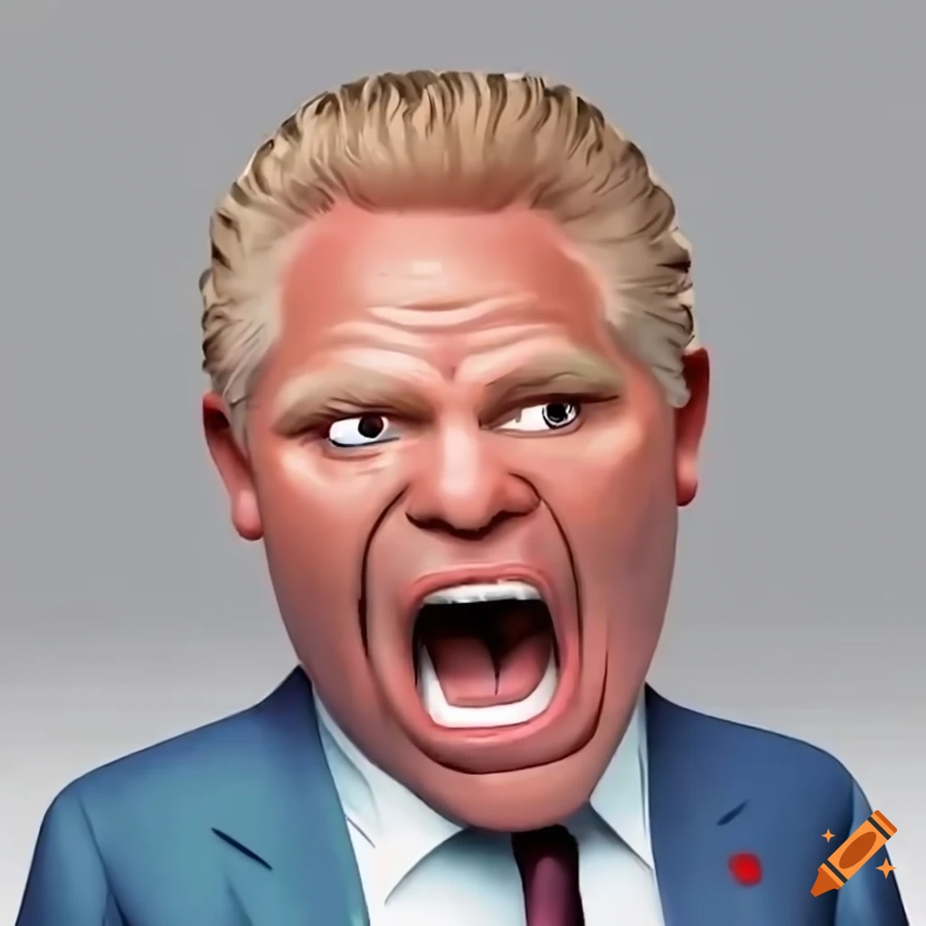 Cartoon of Doug Ford shaking head with speed lines on Craiyon