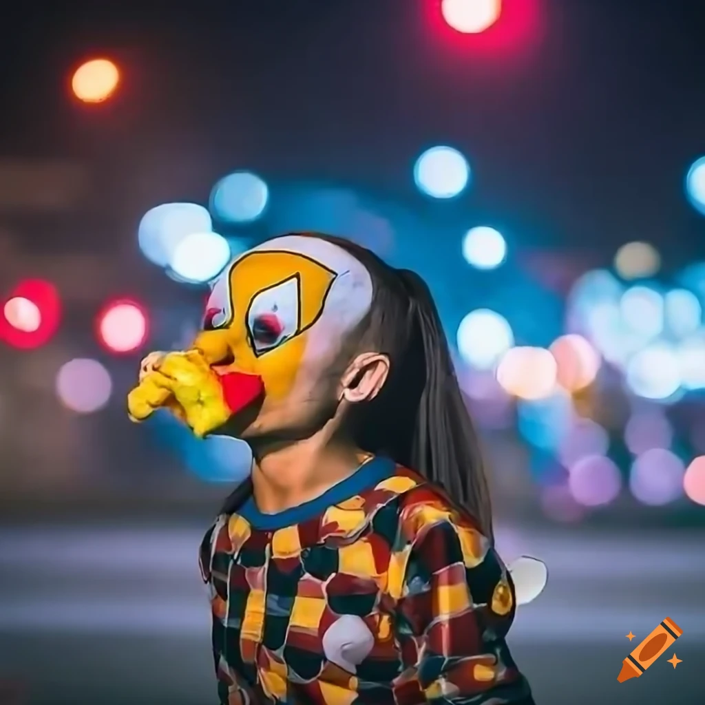 Ariana Grande in a mime clown costume eating popcorn at a bus stop at ...