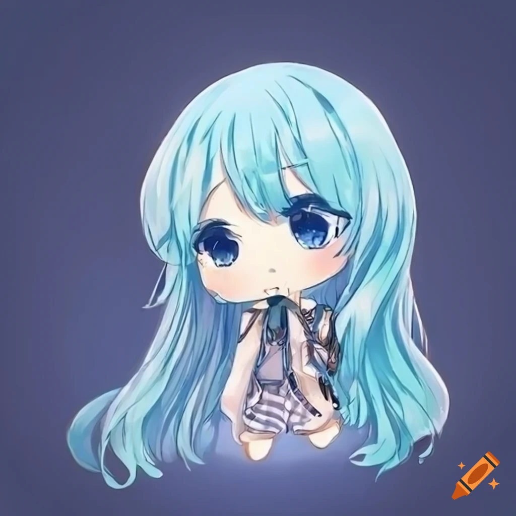 Anime chibi with light blue hair and white bangs on Craiyon