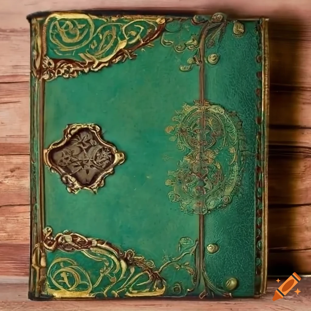 Highly decorated antique green leather magical book on Craiyon
