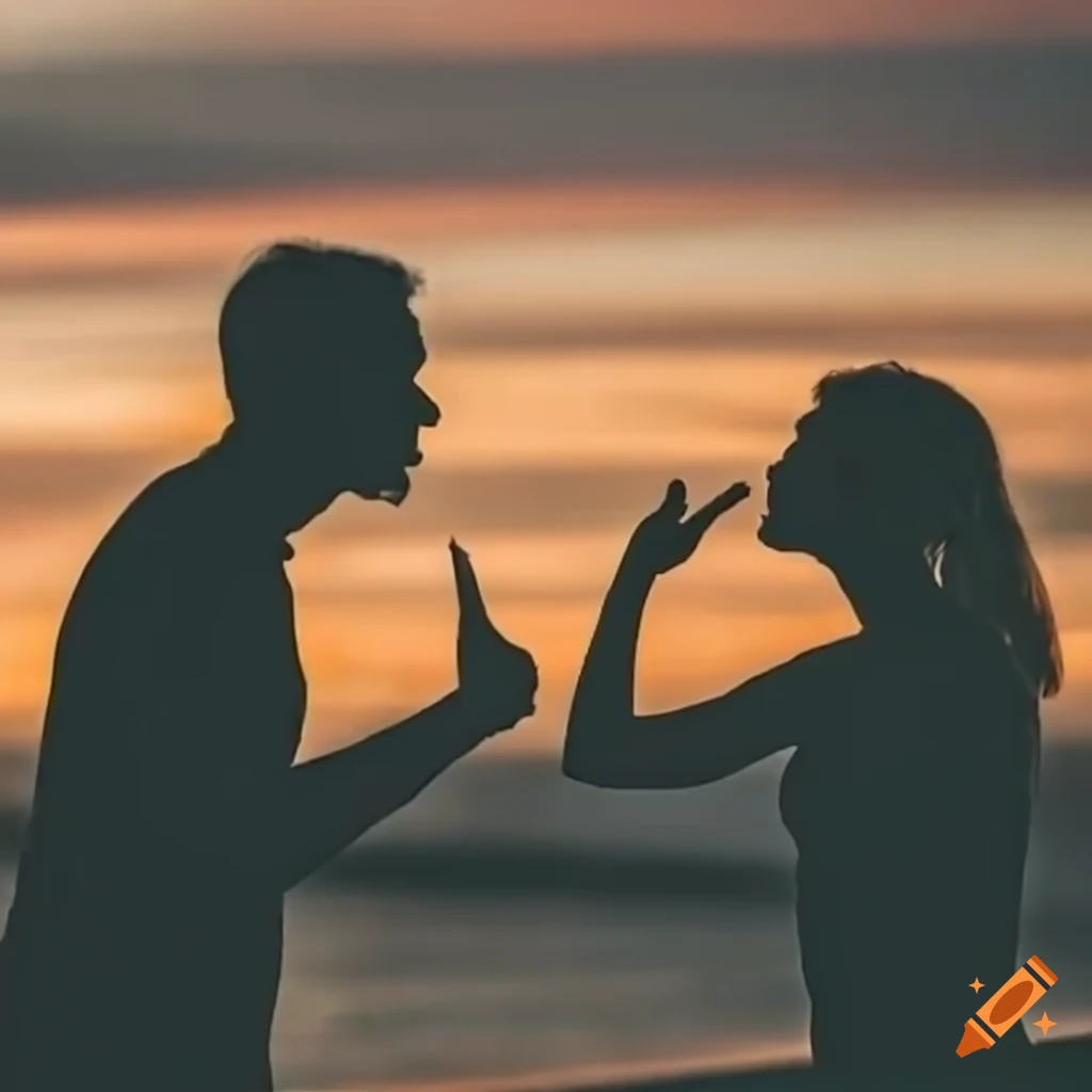 Silhouette of a couple arguing under the sunset on Craiyon
