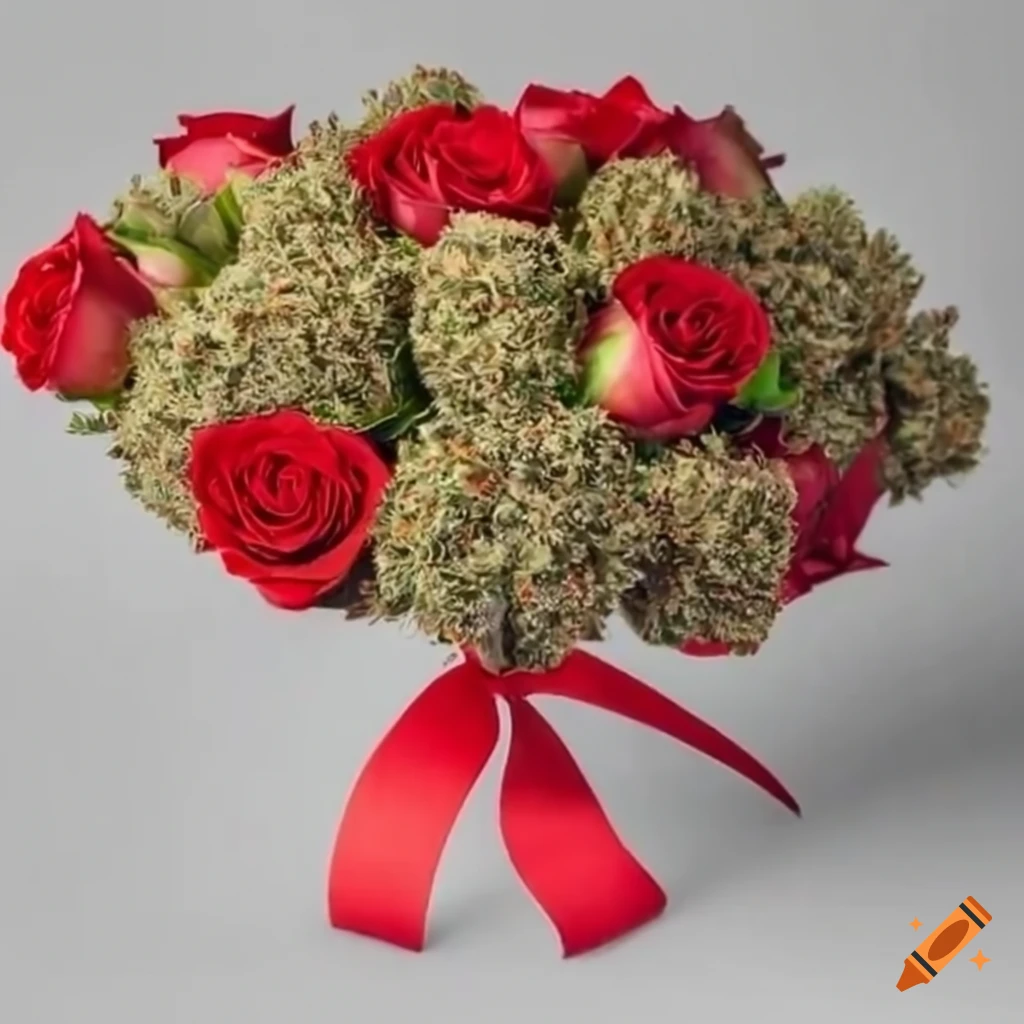 Bouquet of weed flower buds with roses and a red ribbon on Craiyon
