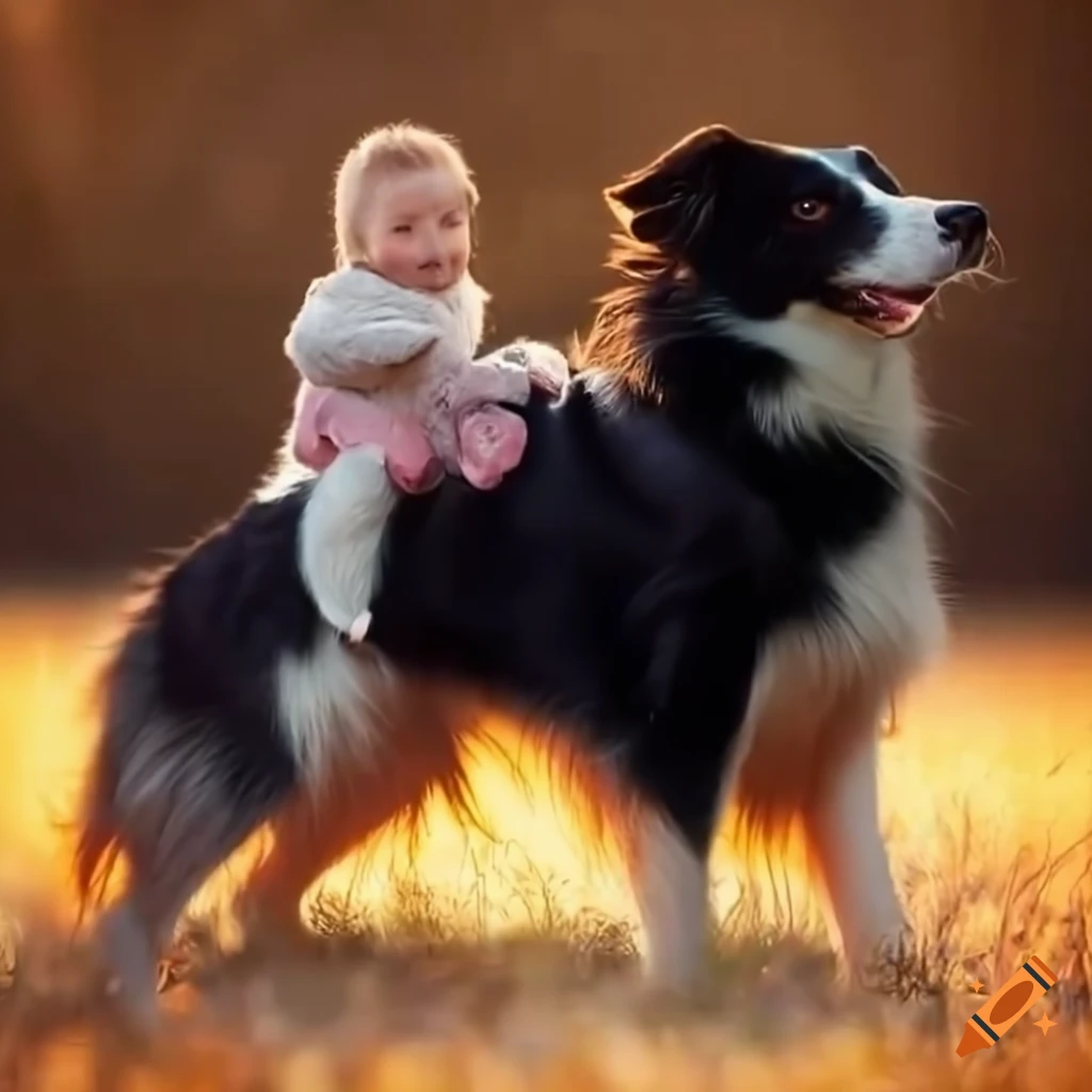 Border collie with baby human riding on its back on Craiyon