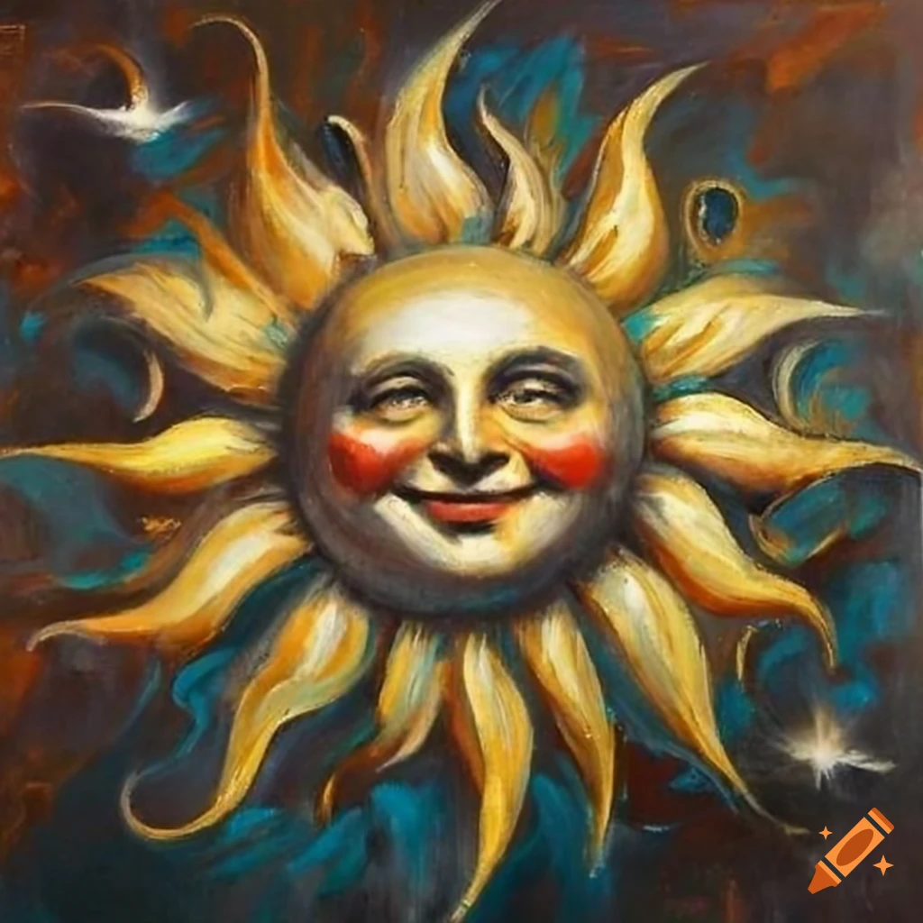 High renaissance depiction of smiling sun in circle in oil painting on ...