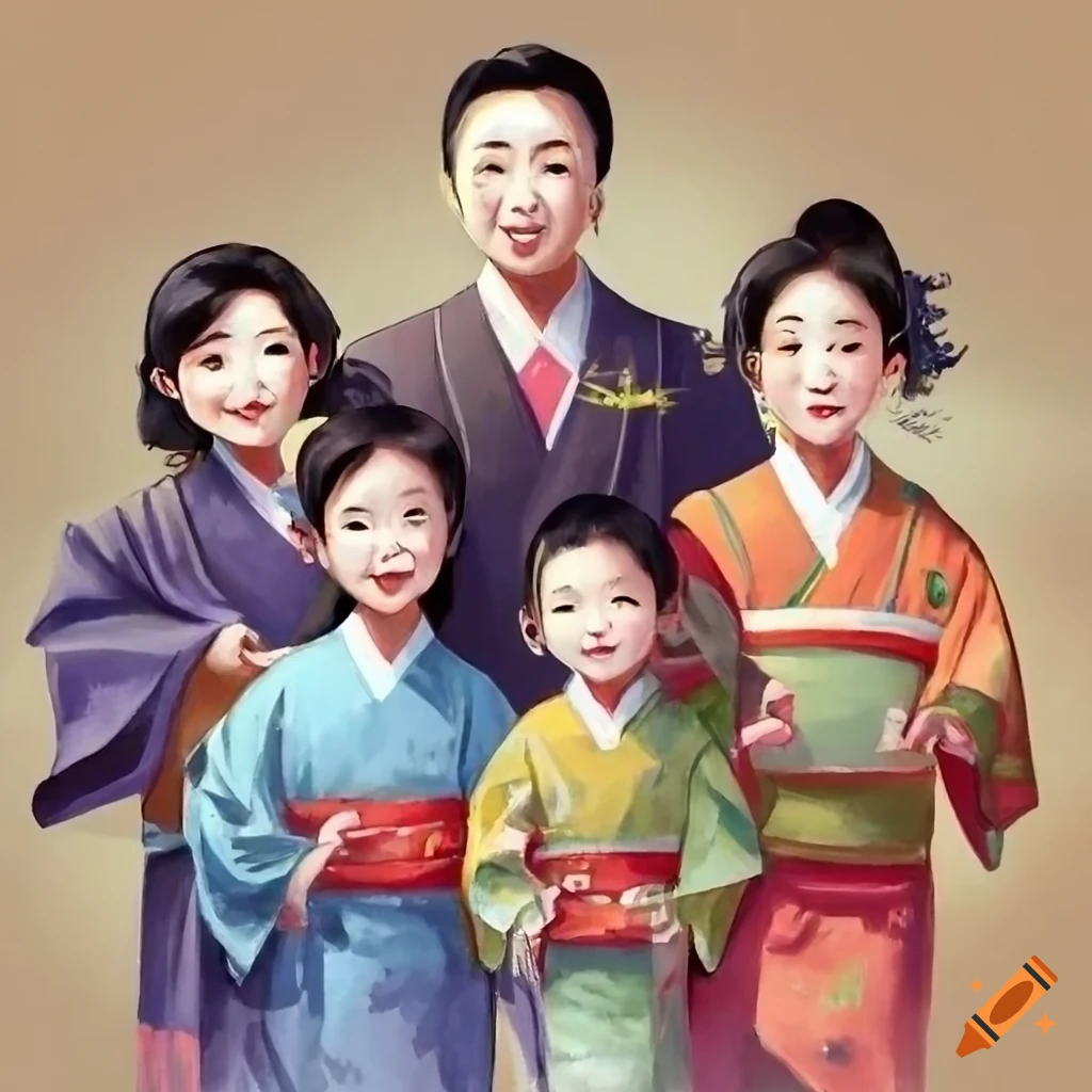Painted illustration of a japanese family portrait on Craiyon