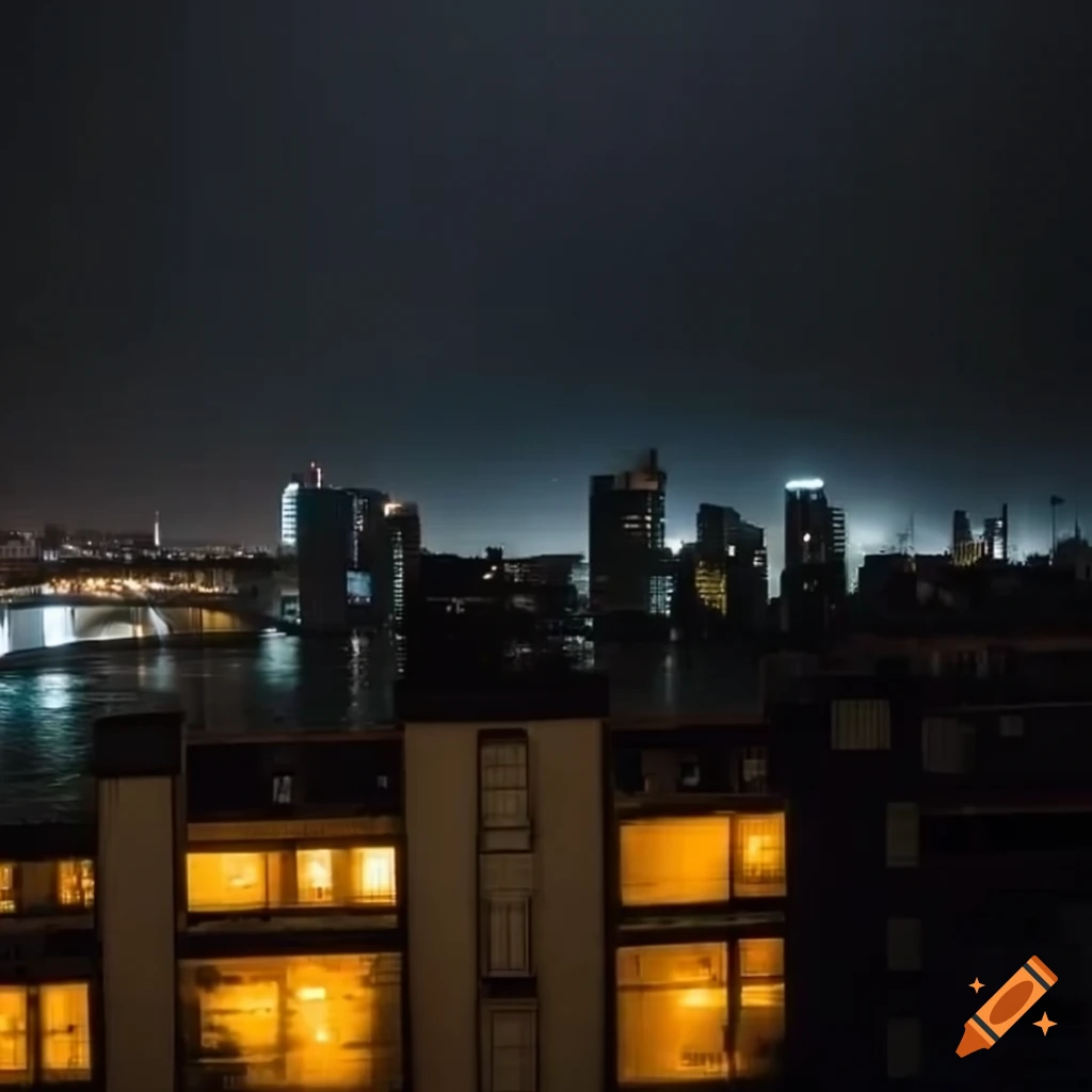 Dark rainy skyline from a flat rooftop at night on Craiyon