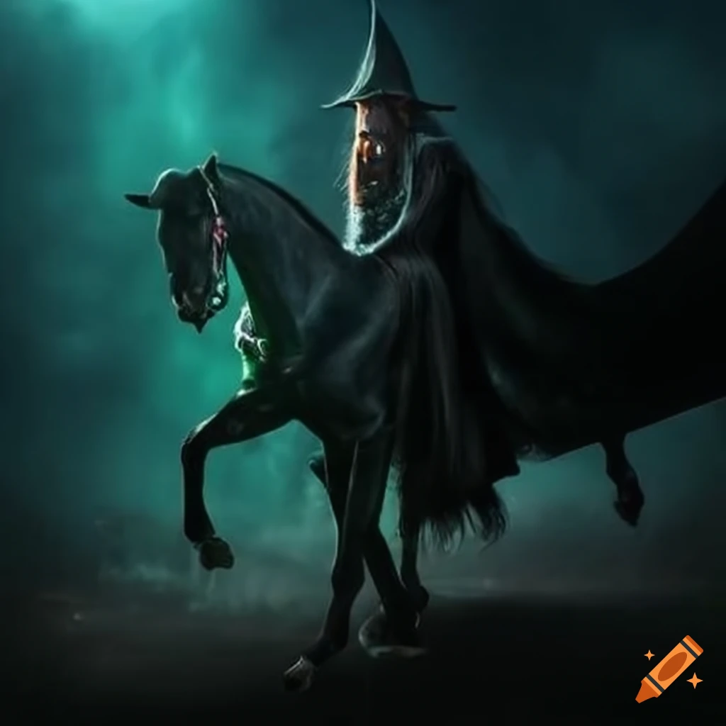 Wizard in black and green attire riding a dark horse on Craiyon
