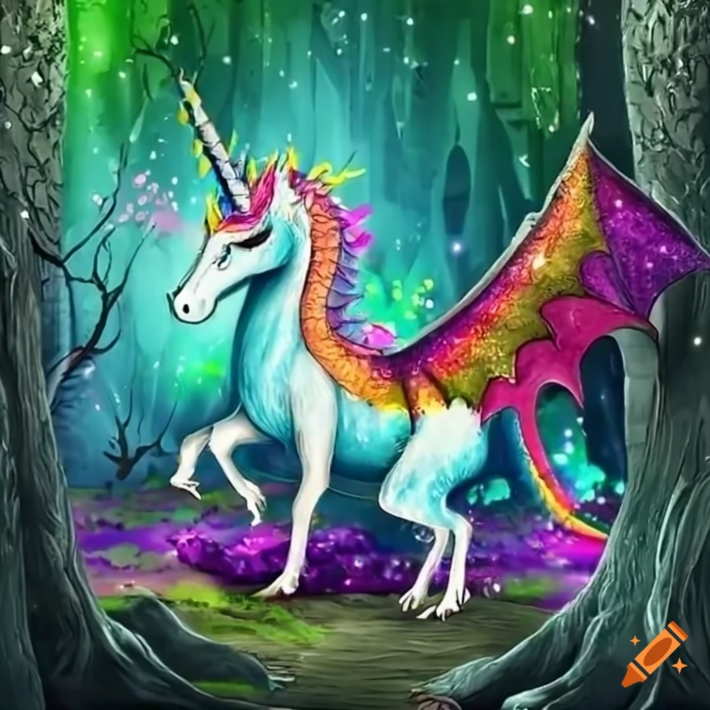 Unicorn dragon breathing rainbow glitter fire in a magical forest on ...
