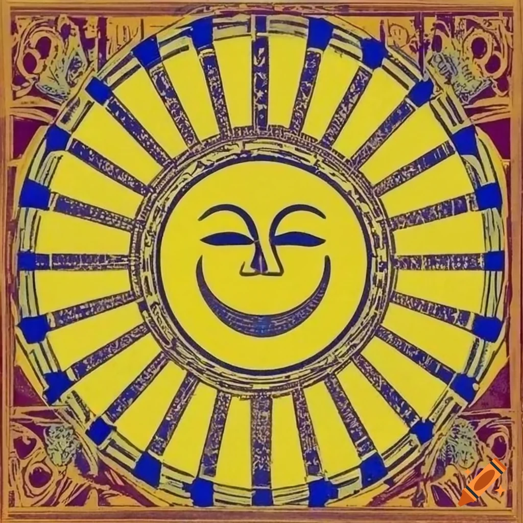 Art deco smiling sun with rays in colored engraving style on Craiyon