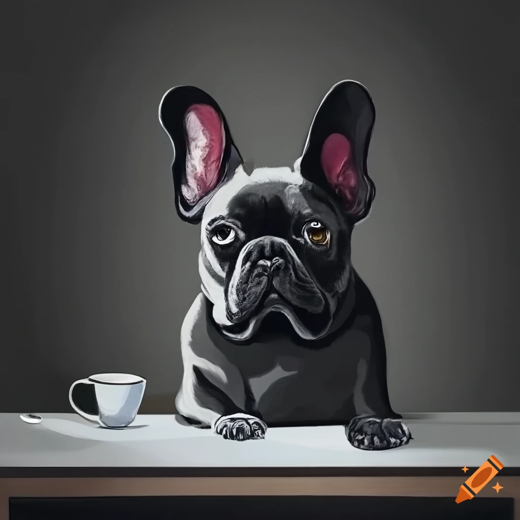 Black french bulldog in suit drinking coffee at a table on Craiyon
