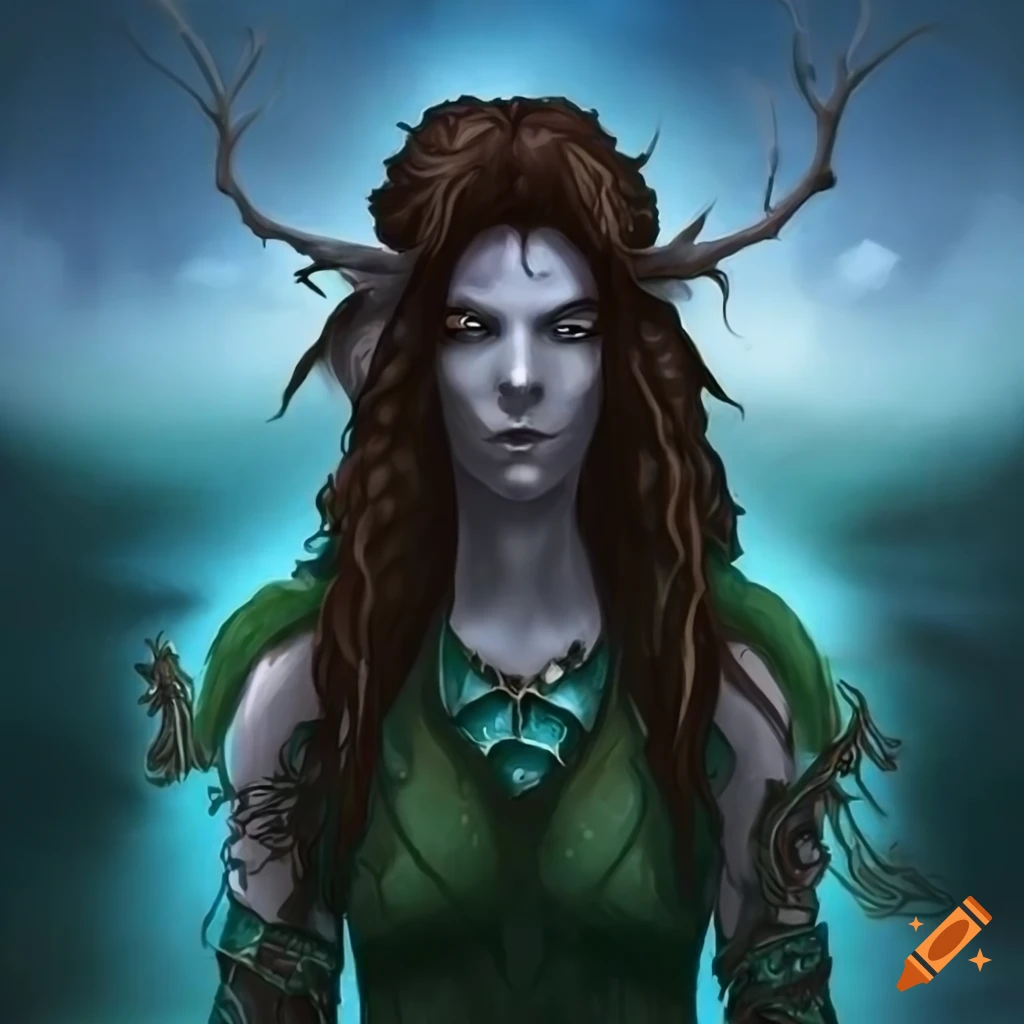 Wood-elf druid with turquoise-streaked dark brown hair standing by ...