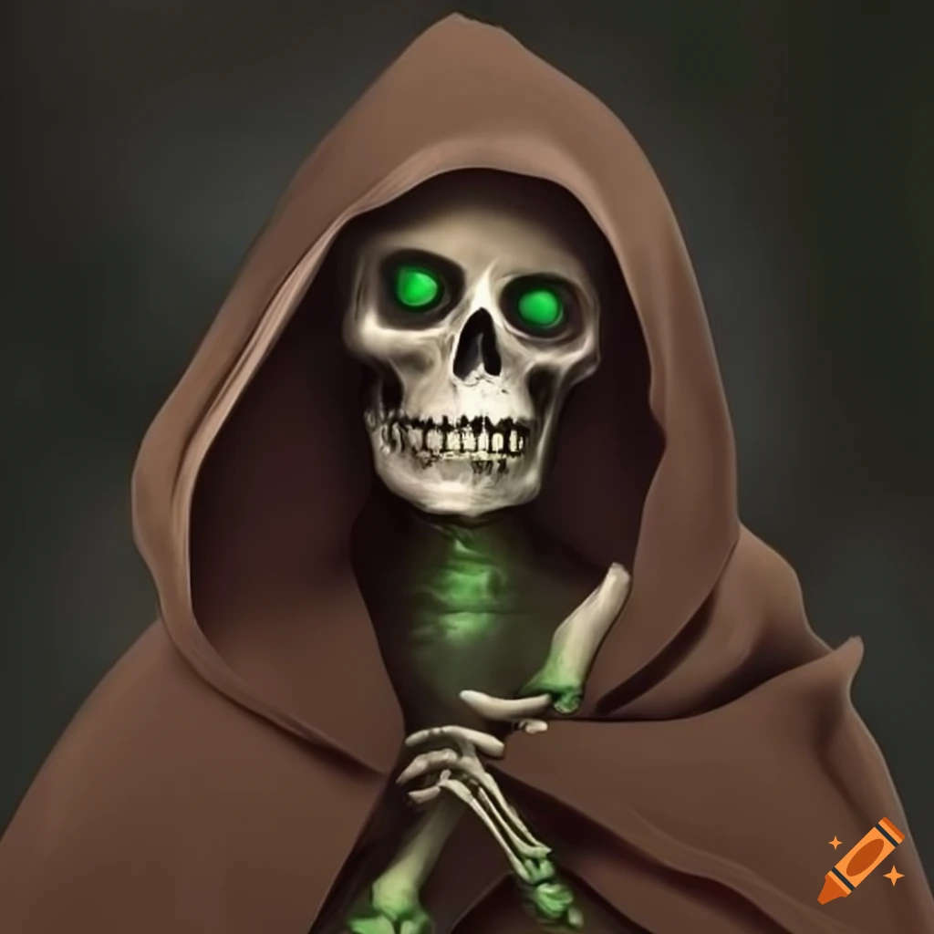 Ghoulish skeleton with flowing hair and glowing green eyes in a brown ...