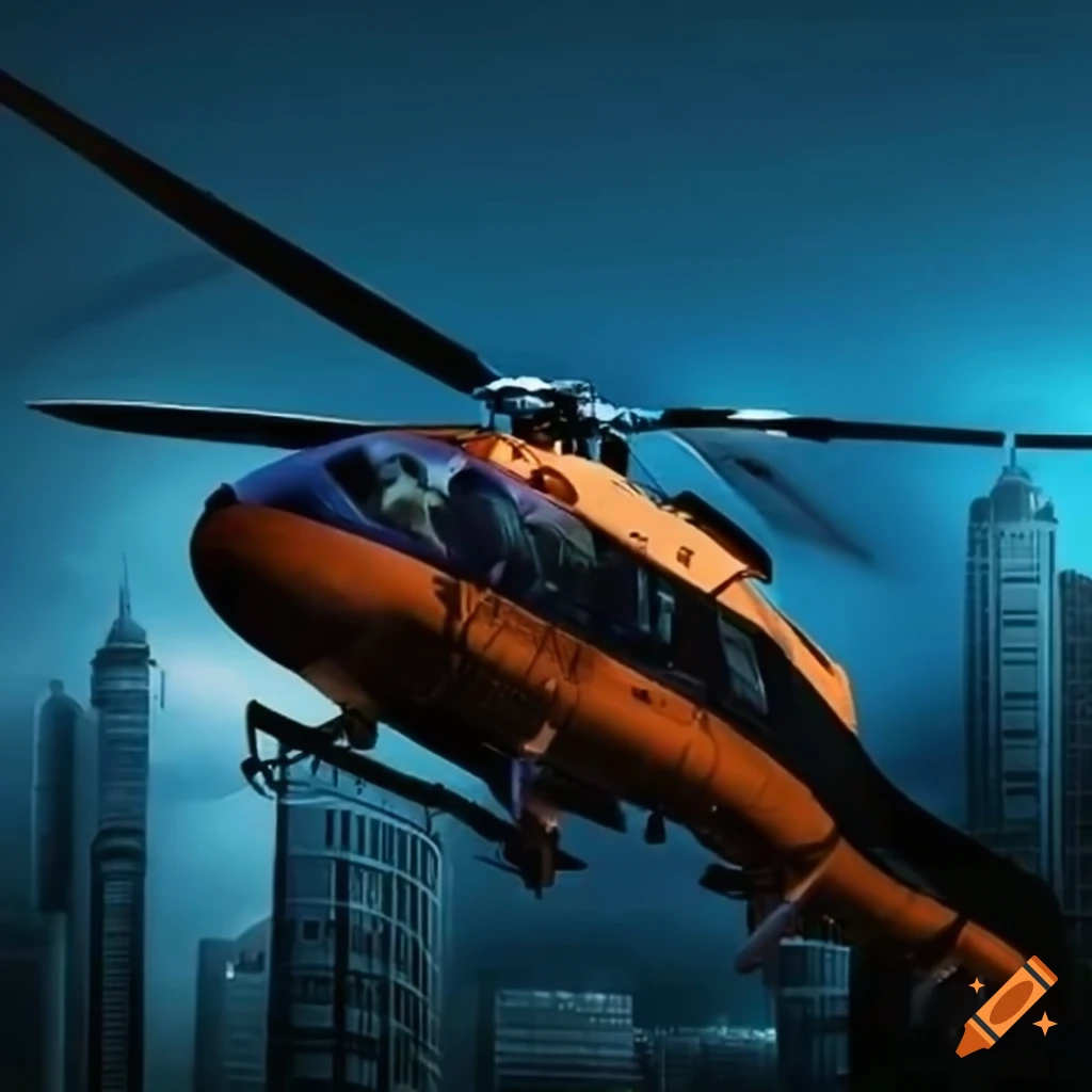 Helicopter flying over city buildings on Craiyon