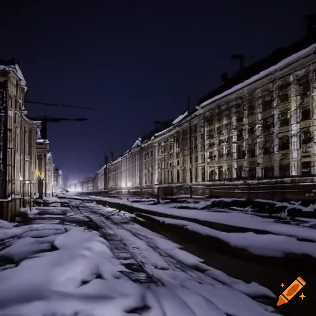 Soviet town with snow at night on Craiyon