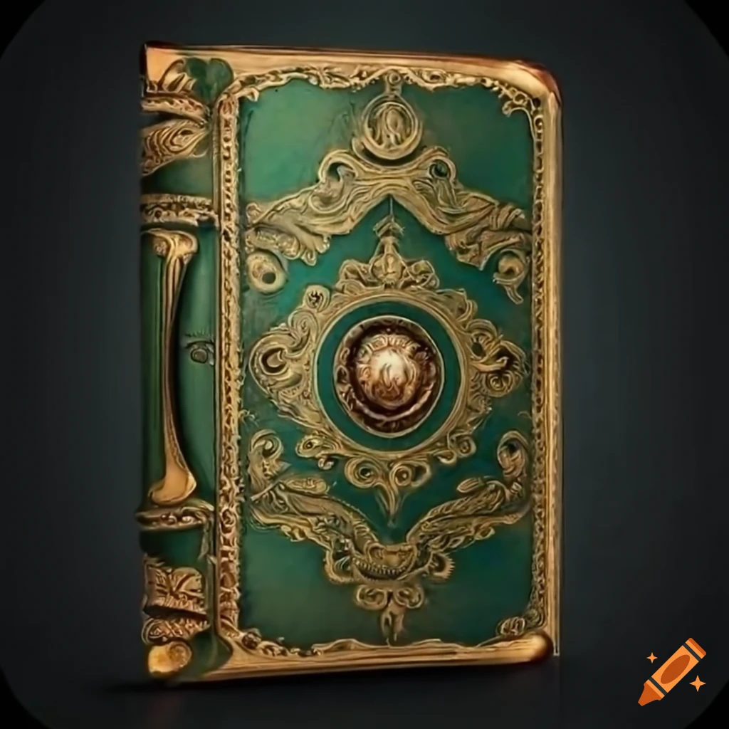 Highly decorated antique vintage green leather magical book on Craiyon