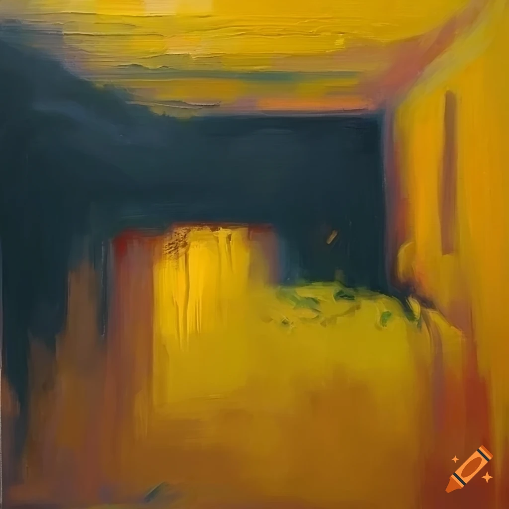 Impressionist painting of a wide liminal room in dark yellow on Craiyon