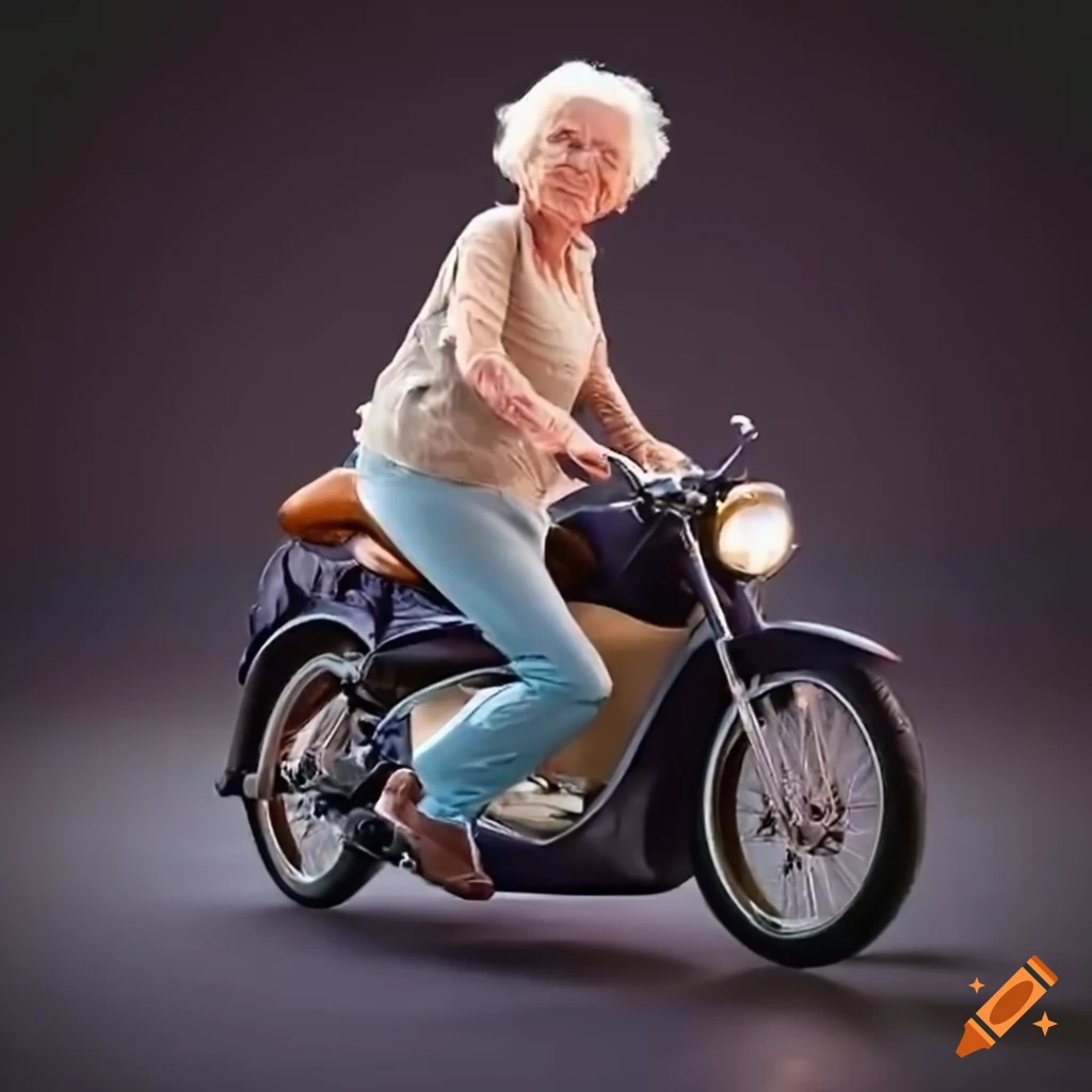 Elderly woman riding a motorcycle on Craiyon