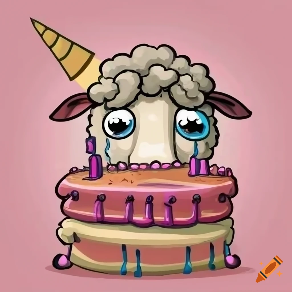Crying jacob sheep eating a birthday cake in a cartoon style on Craiyon