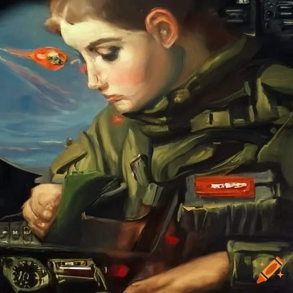Soldier in cockpit of space jet shooting lasers in oil painting on Craiyon