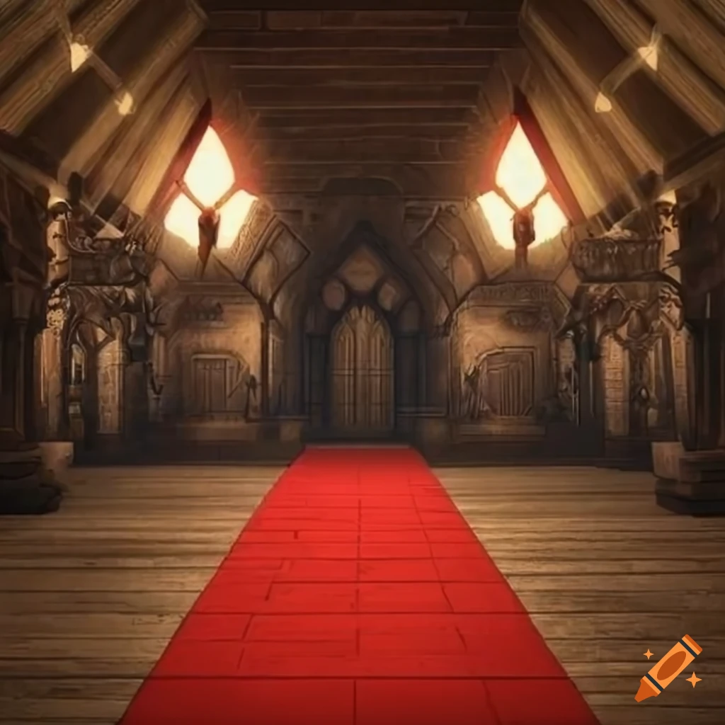 Medieval castle's main hall with a red carpet in warm 2d colors on Craiyon