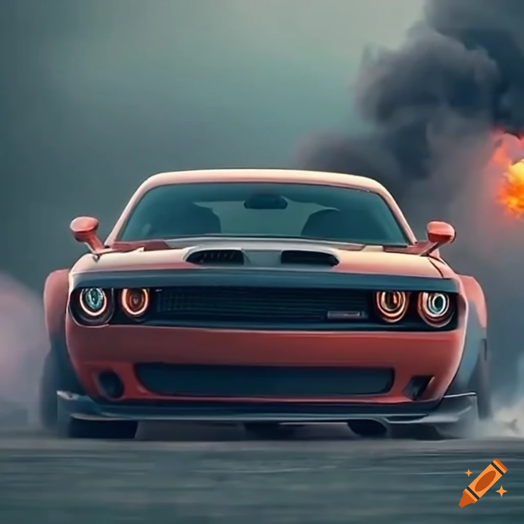 Customized Dodge Challenger Demon with smoke, on the road near a famous ...
