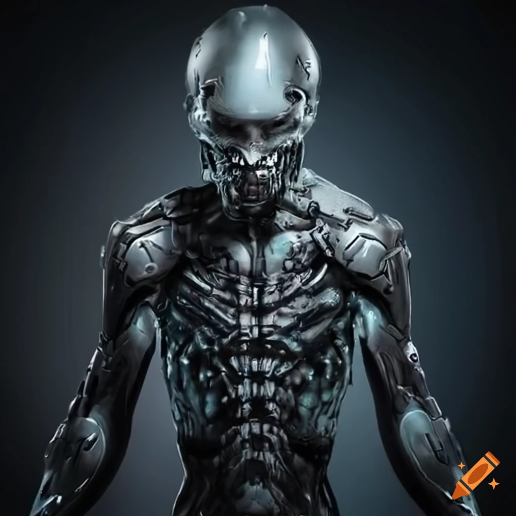 Futuristic cyborg with a mad alien expression on Craiyon