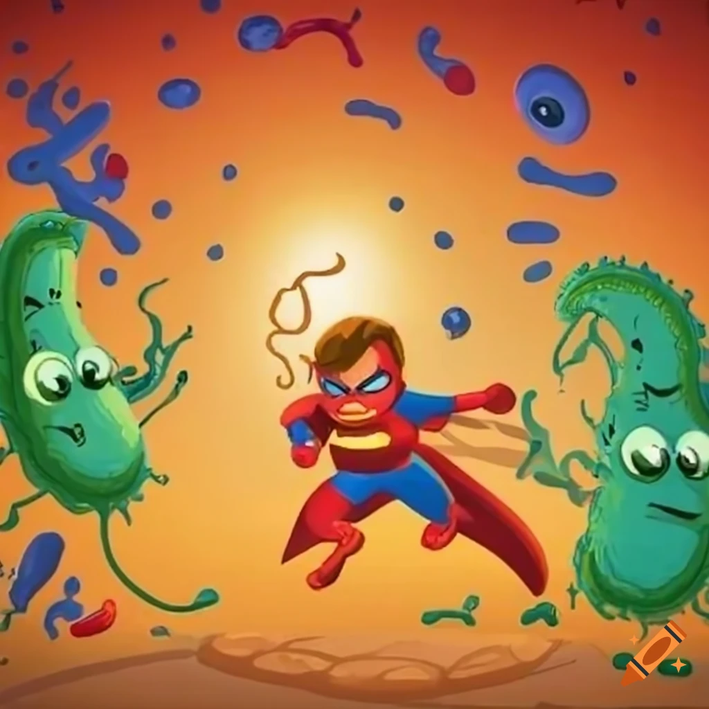 Superhero battle between a cell and foreign bacteria in cartoon style ...