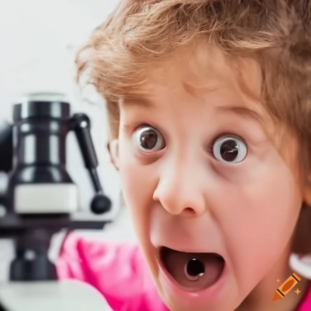 Surprised child looking through a microscope on Craiyon