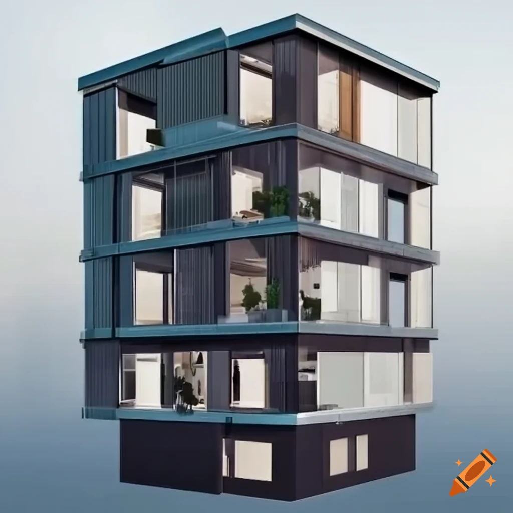 3d plan of a modern 3-story building facade from all angles on Craiyon