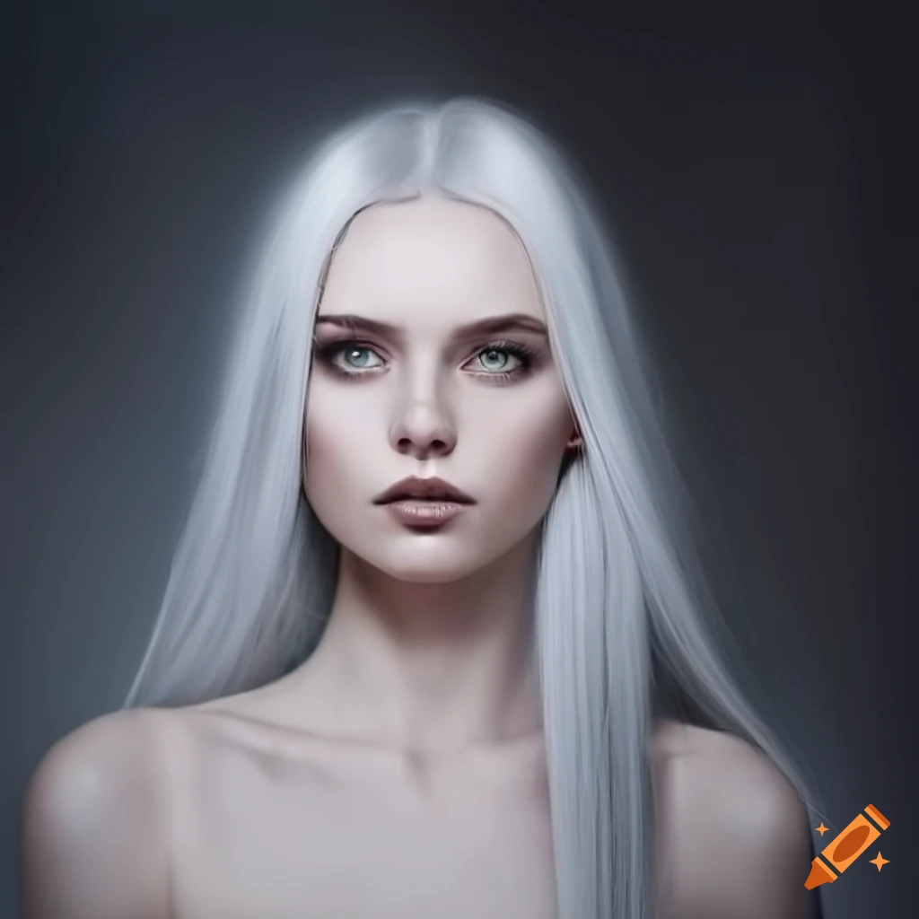 Stunning woman with white hair, silver eyes, and pale skin on Craiyon